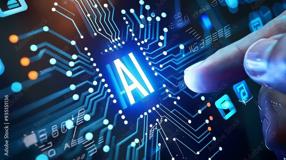 Futuristic depiction of AI technology with a human hand interacting ...