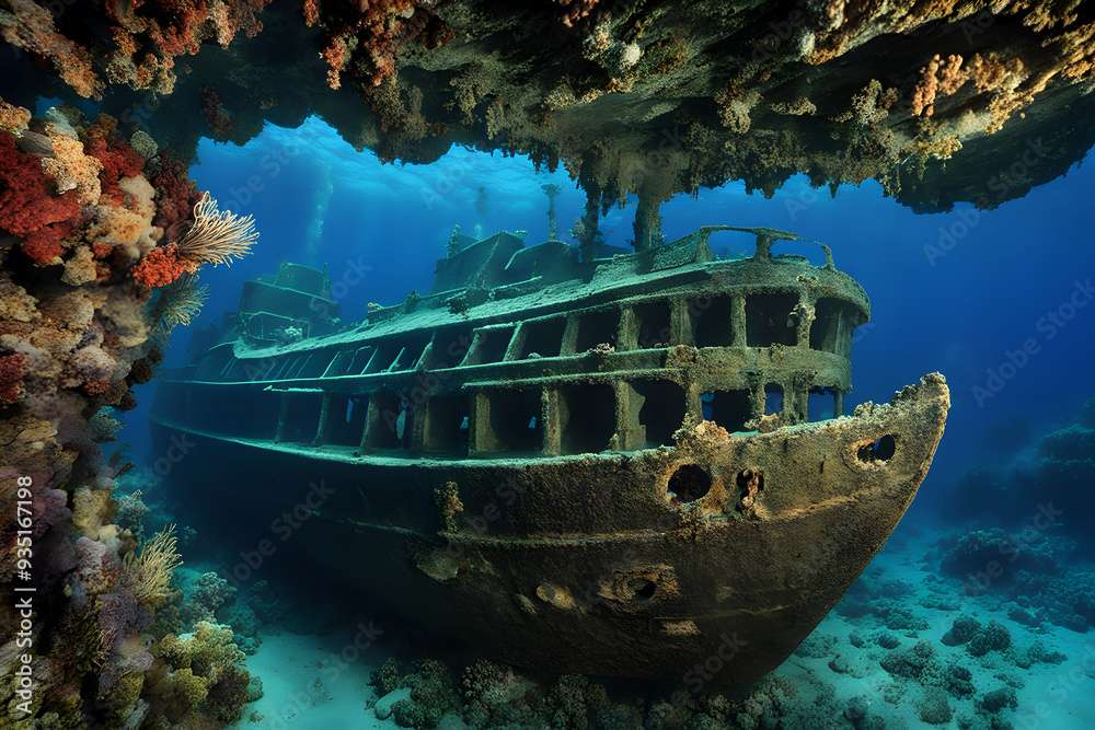 An Underwater Shipwreck. Dramatic Shipwreck engulfed by Thriving Marine ...