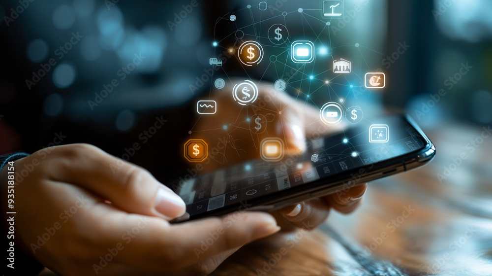 Hands holding a smartphone displaying an online banking portal with ...