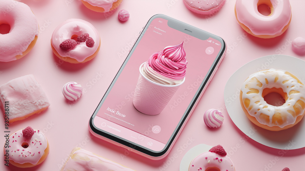 Three cell phones with pink backgrounds and pink donuts on the screen ...