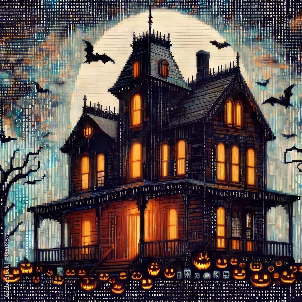 ASCII Digital Collage A haunted house is constructed from a seri Stock ...
