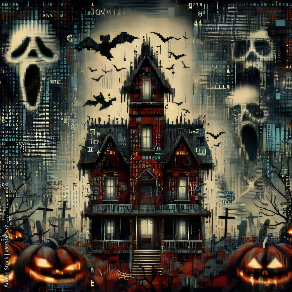 ASCII Digital Collage A haunted house is constructed from a seri Stock ...