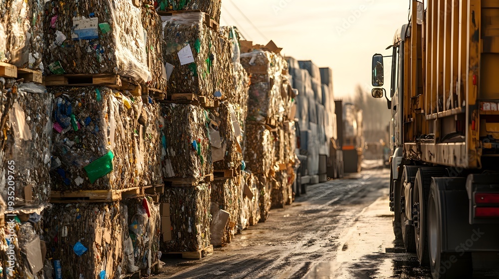 A photograph of recycled materials such as cardboard and plastics being ...