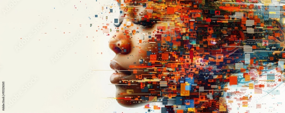 Human face formed by vibrant digital pixels, representing fragmented ...
