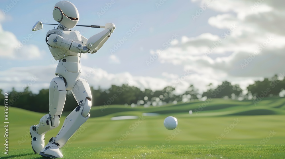 Robot Golfer Swinging Club: A robot golfer in mid-swing, sending a golf ...
