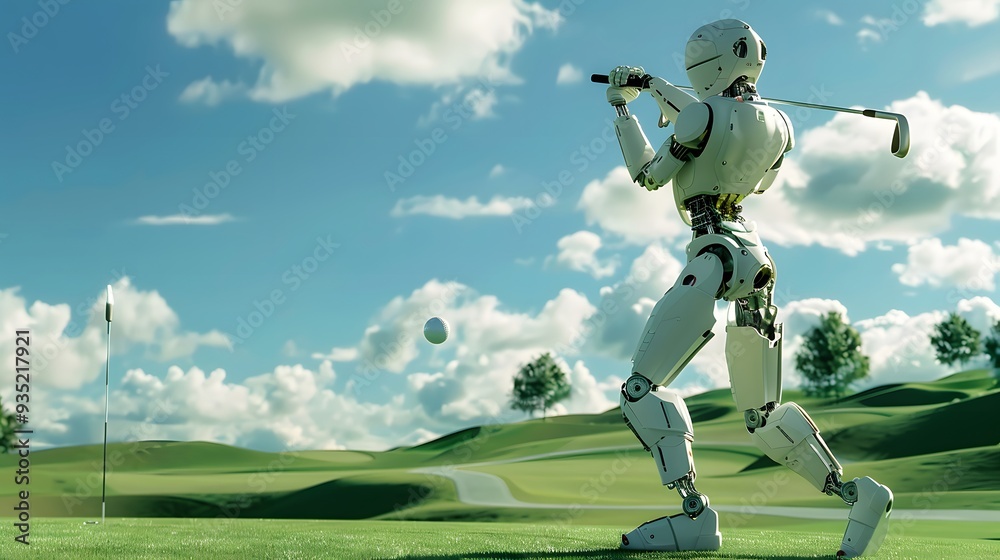 Robot Golfer Swinging Club: A robot golfer in mid-swing, sending a golf ...