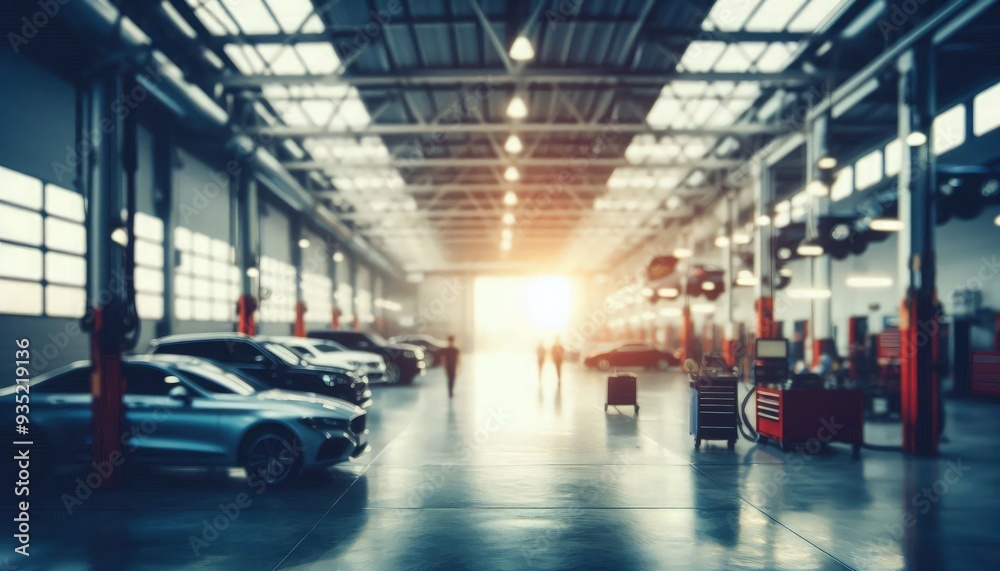 Abstract blur of a modern car garage interior, with indistinct shapes ...