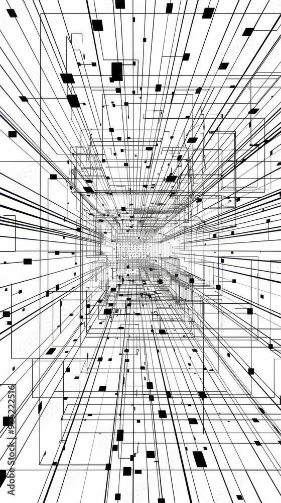 Black and white line drawing of a geometrical grid in one-point ...
