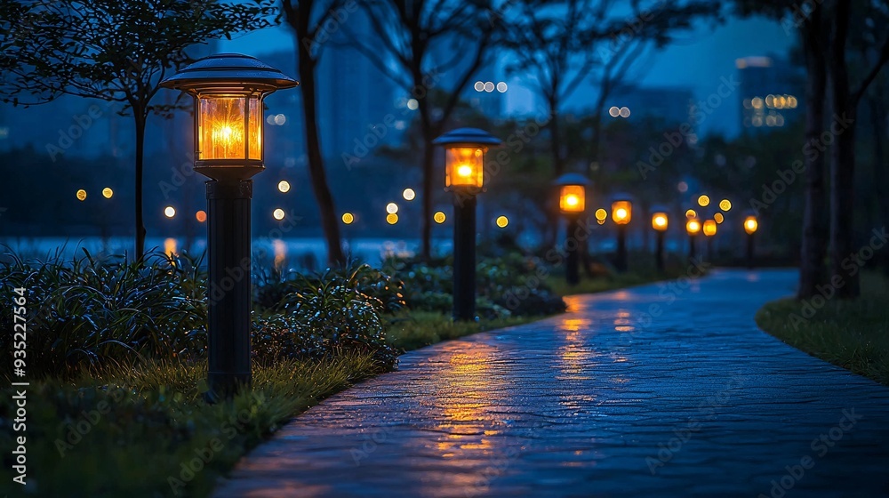 Solar-powered streetlights lining a modern pedestrian walkway, casting ...