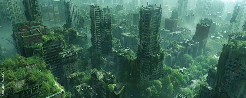 Dystopian city with overgrown nature reclaiming the buildings, post ...