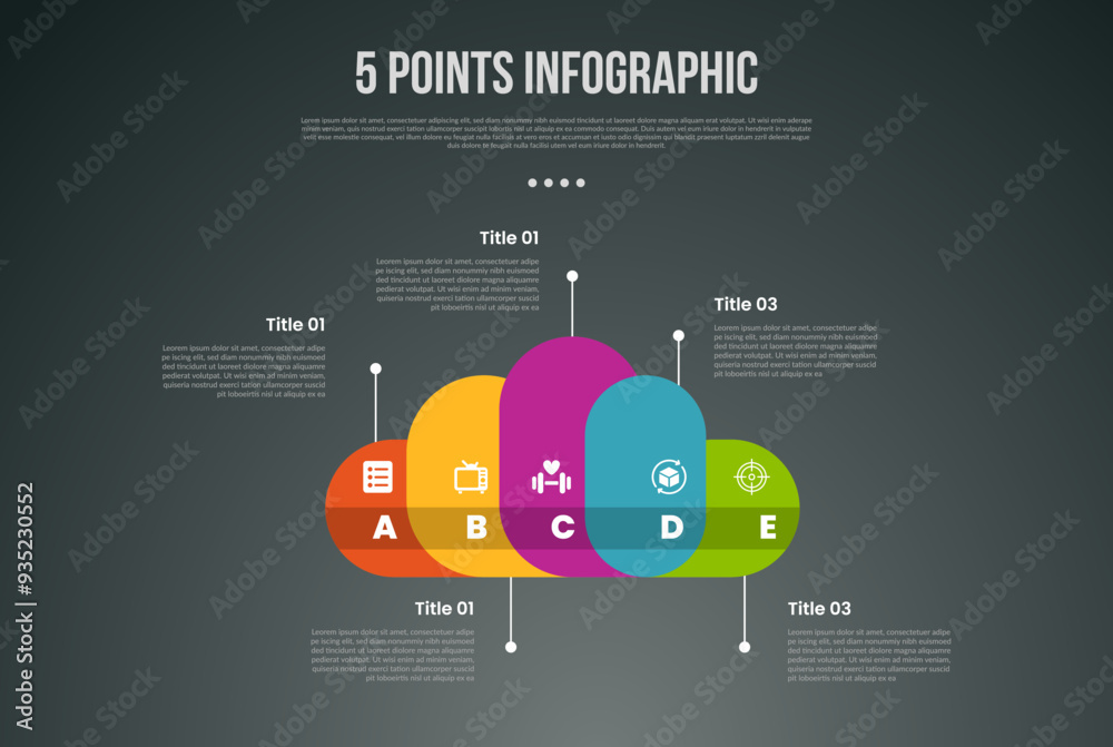 5 points or step process infographic with round shape creating cloud ...