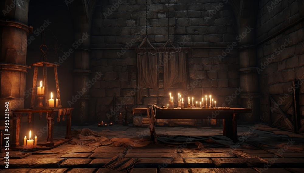 A dark dungeon cell with a single long wooden table in the center, a ...