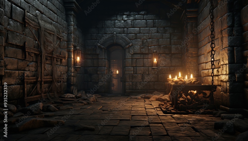 A dark dungeon cell with a single long wooden table in the center, a ...