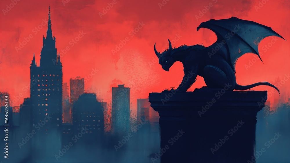 In a haunting cityscape under a fiery sky, a menacing gargoyle perches ...