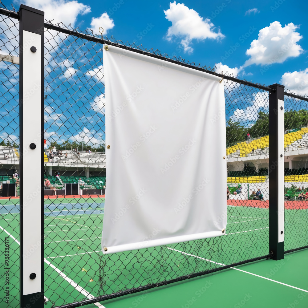 Blank Vinyl Banner Mockup Hanging on a Fence at a Badminton Stadium ...