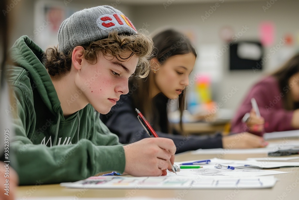 A group of students works on problem-solving exercises in a classroom ...