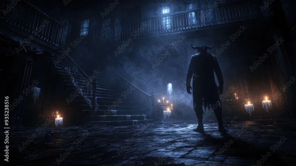 A demon figure standing in a haunted mansion, with flickering candles ...
