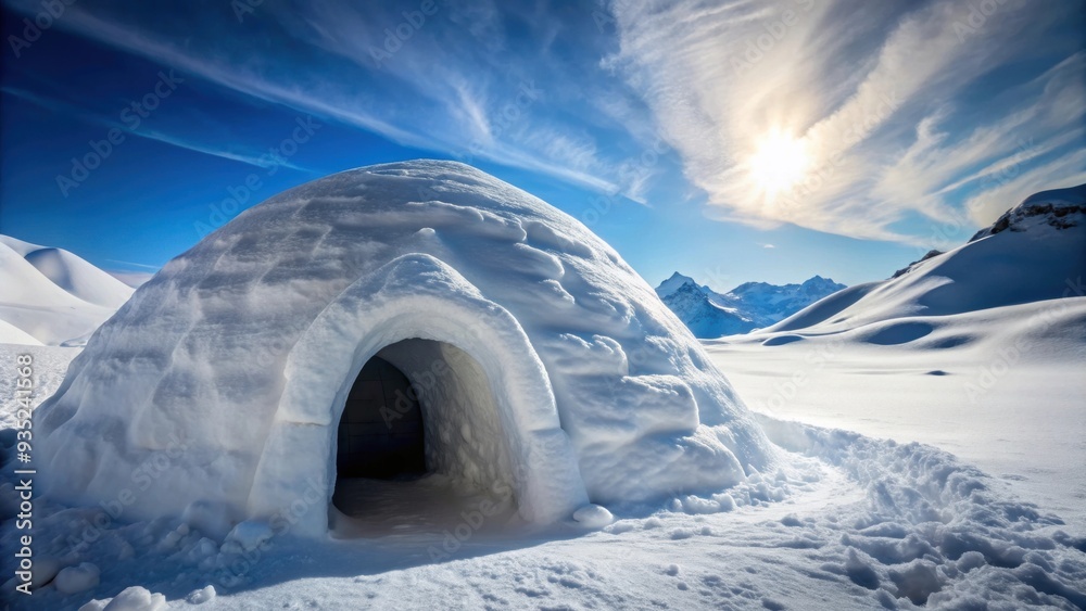 Entrance to a snow cave with an igloo eskimo house in the background ...