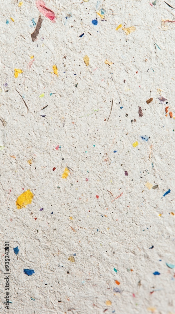 A textured surface of recycled paper reveals colorful specks and ...