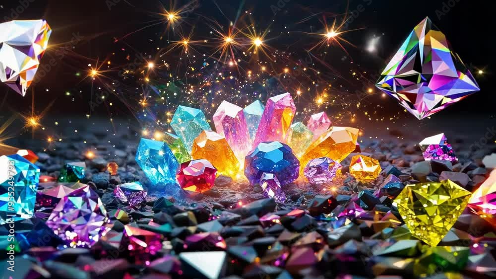 Vibrant gemstones burst from darkness, exploding with radiance. Various ...