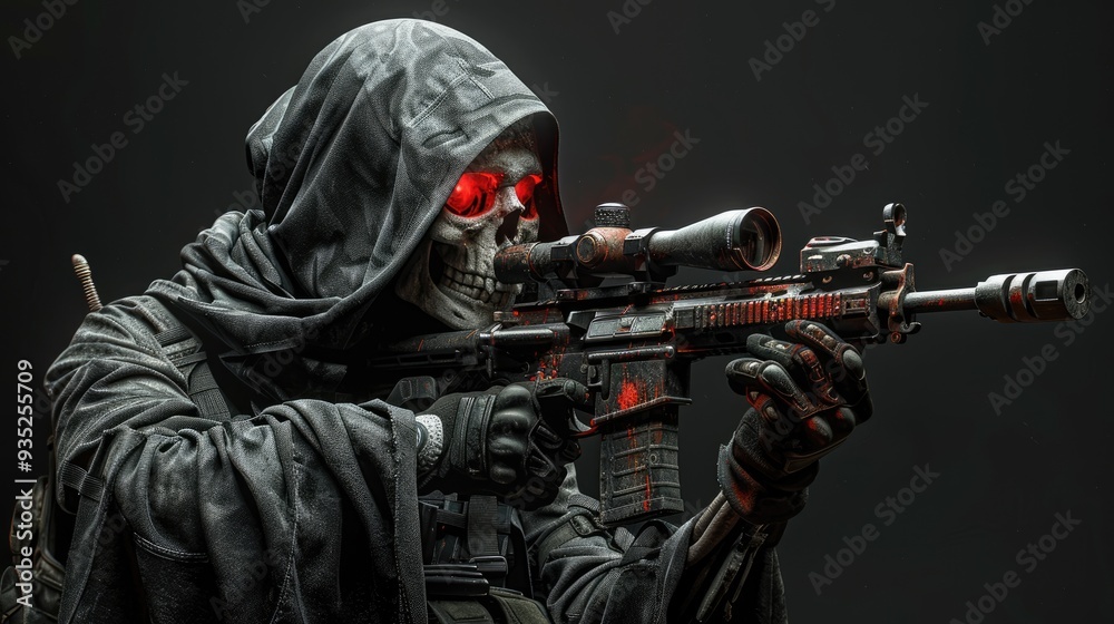 A malevolent skeletal agent in a black cloak and special forces uniform ...