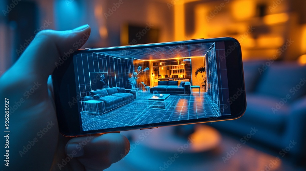 A smartphone app screen displays a smart home technology interface ...