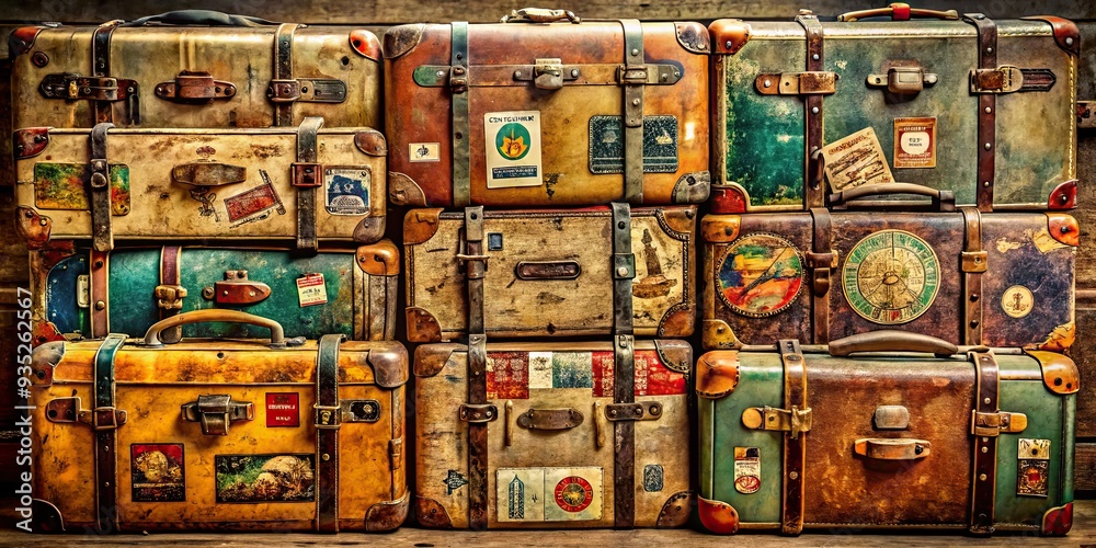 faded, distressed textures of worn, vintage luggage labels evoke the ...