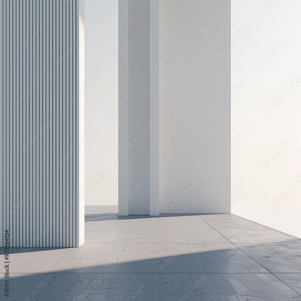 White background in minimalist style with three large white columns and ...