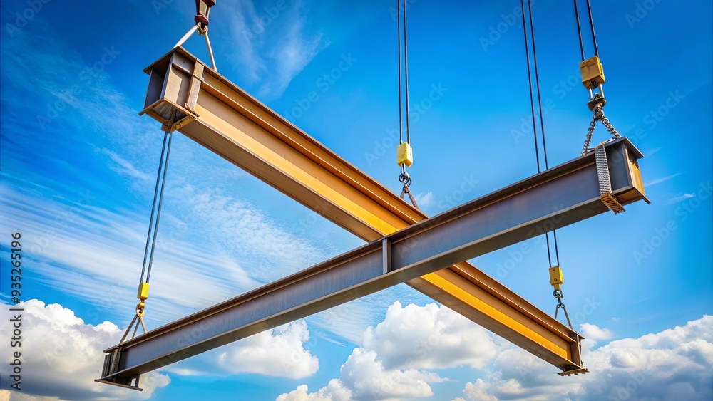 Industrial steel beam being hoisted by crane cable, construction, heavy ...