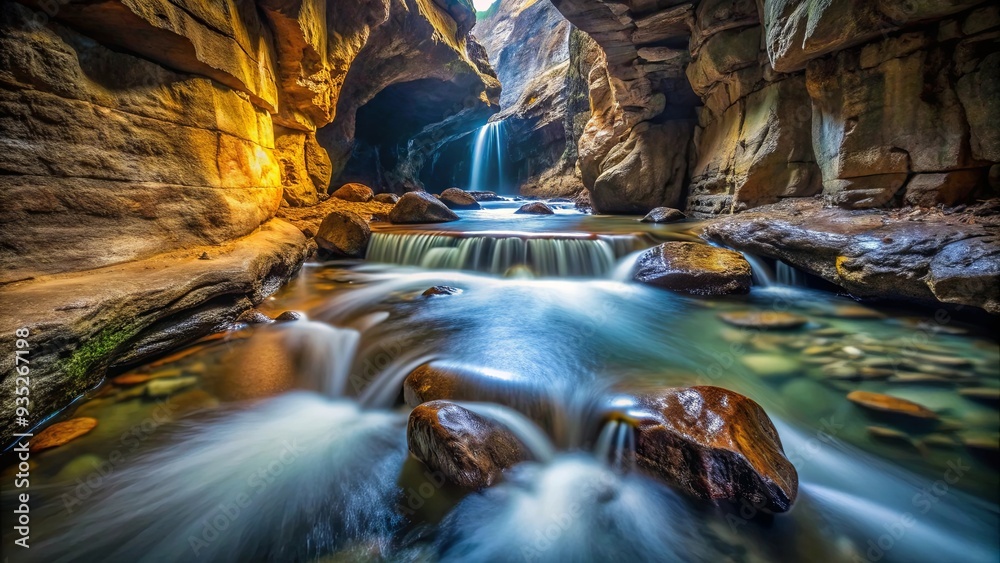 Underground water flowing through rocky crevices, cave, reservoir ...