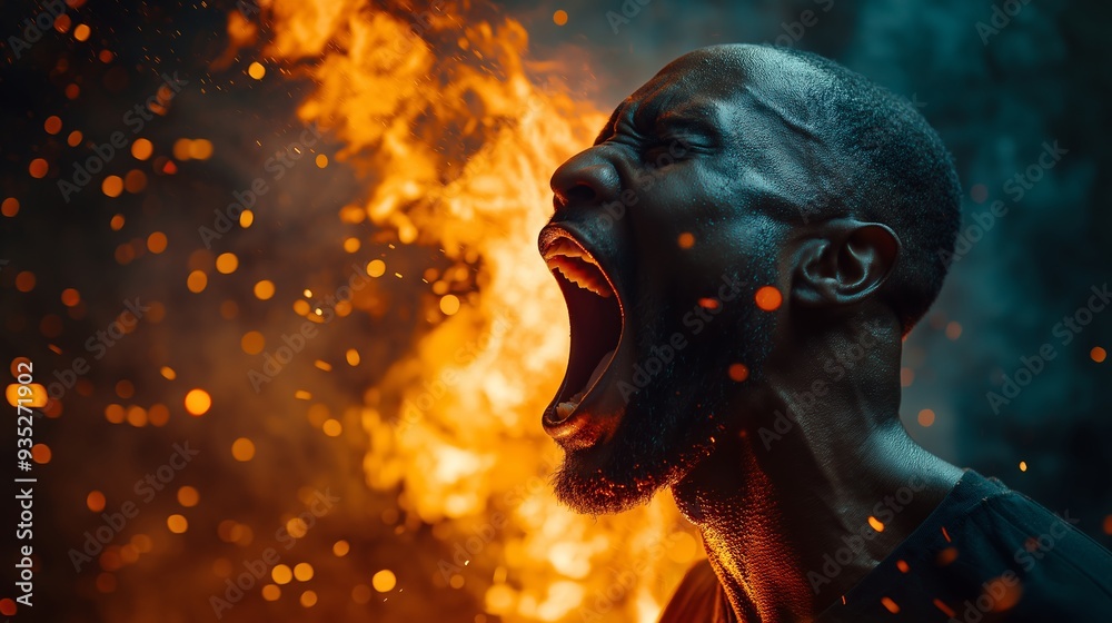 A man with a beard is screaming into a fire. The fire is orange and the ...