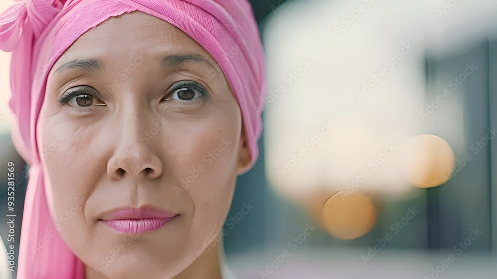 This woman wears a pink headscarf while confidently standing outside ...