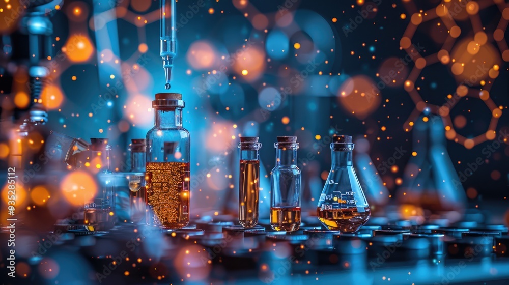 A visually engaging image featuring a variety of glass vials in a ...