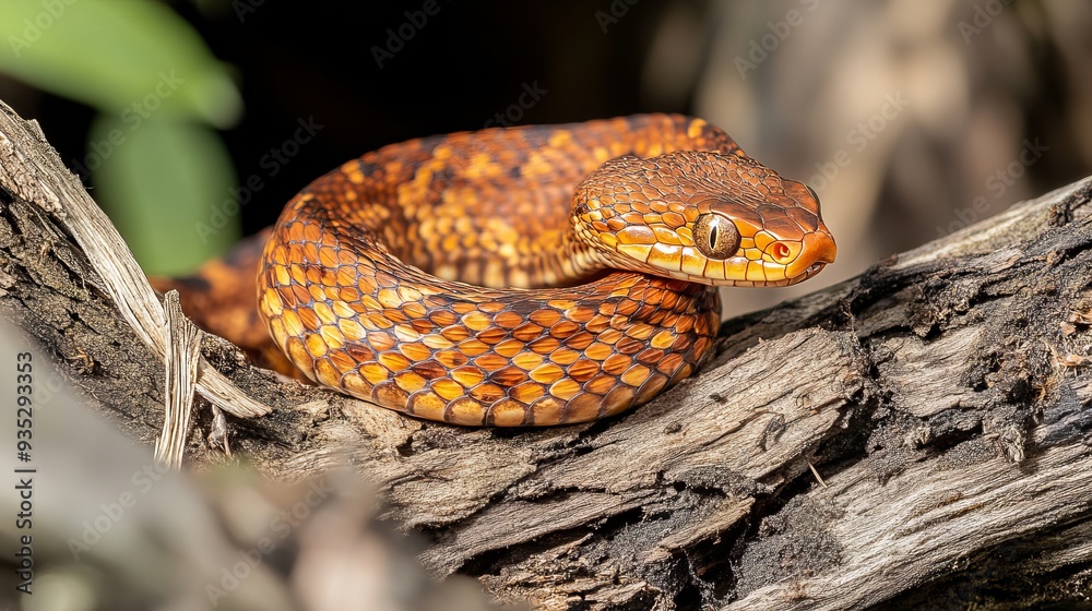 An orange female common adder (Vipera berus) basks among old twigs, her ...
