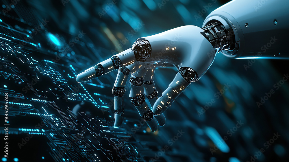 Artificial intelligence robot hand pointing to a digital technology ...