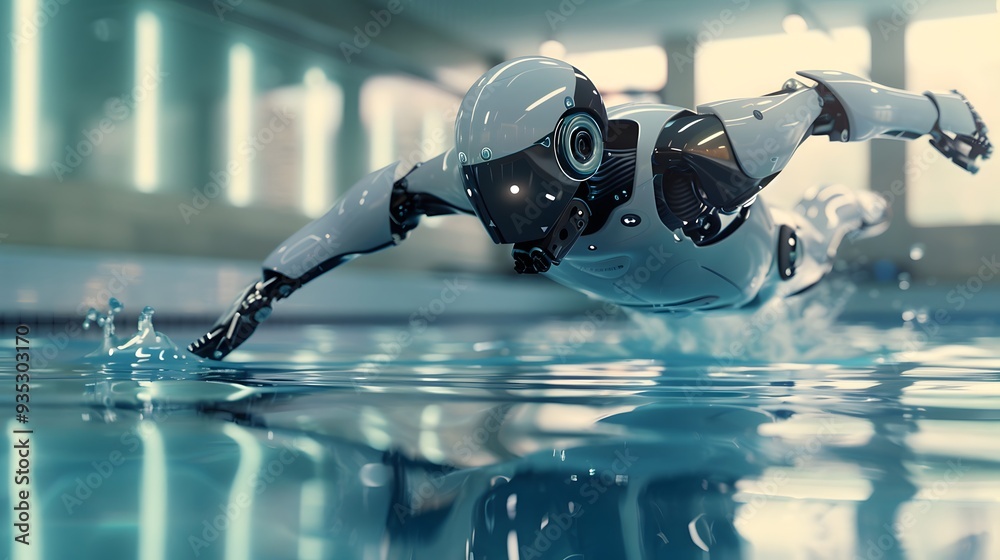 Robot Swimmer Diving into Pool: A streamlined robot diving into a pool ...