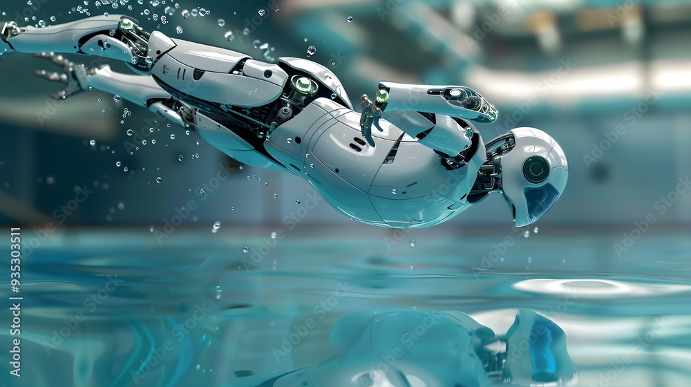 Robot Swimmer Diving into Pool: A streamlined robot diving into a pool ...
