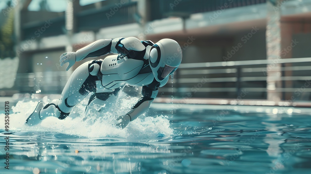Robot Swimmer Diving into Pool: A streamlined robot diving into a pool ...