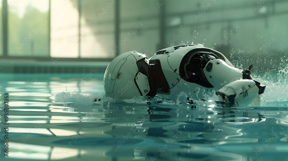 Robot Swimmer Diving into Pool: A streamlined robot diving into a pool ...