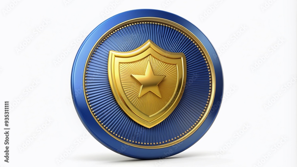 A golden seal embossed on a circular blue shield with radial lines ...