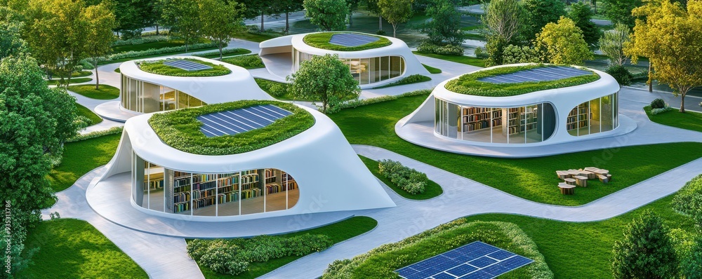 Aerial view of a modern green library, rooftop gardens with reading ...