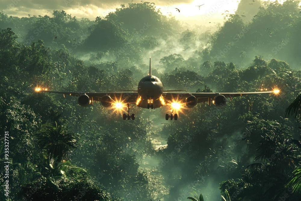 A detailed, realistic image of an airplane descending towards a dense ...