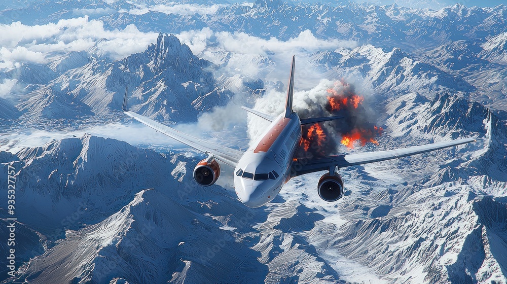 A high-resolution image of a commercial airplane losing altitude over a ...