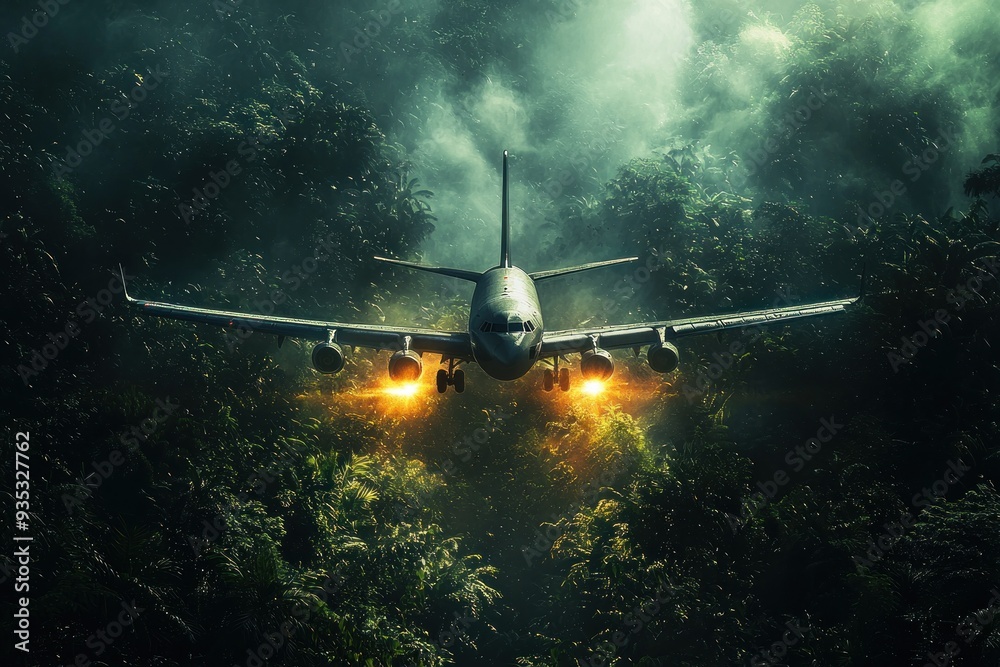 A detailed, realistic image of an airplane descending towards a dense ...