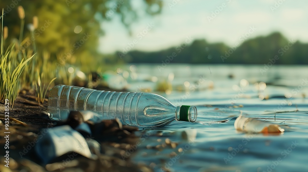 Plastic bottles and garbage littering a riverbank, highlighting the ...