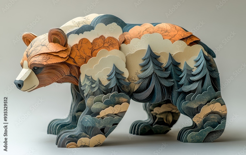 3D paper model of a bear with pastel brown cream a 00166 statue ...