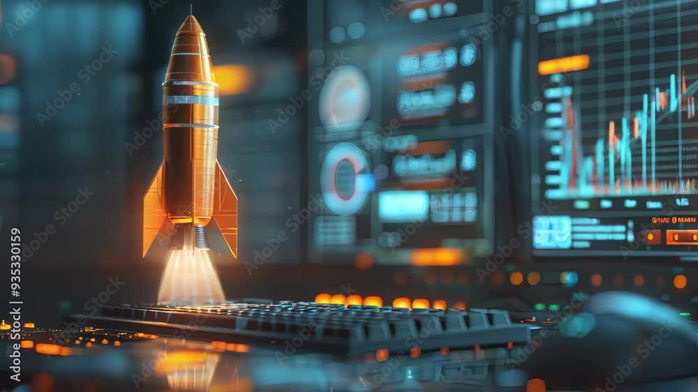 video of copper rocket stands before a computer screen displaying a ...