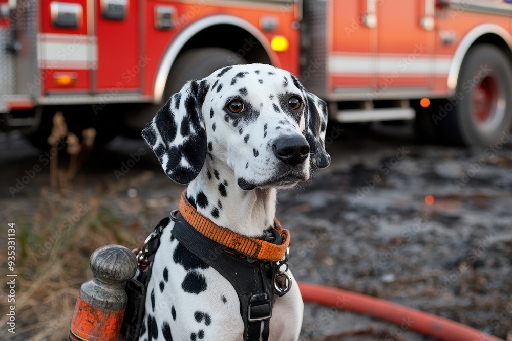 Firefighter Dalmatian: A Dalmatian in firefighter gear, holding a hose ...