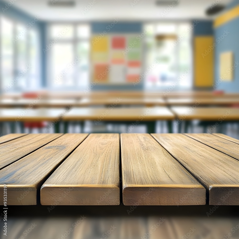 School classroom in blur background with wood table floor copy space ...