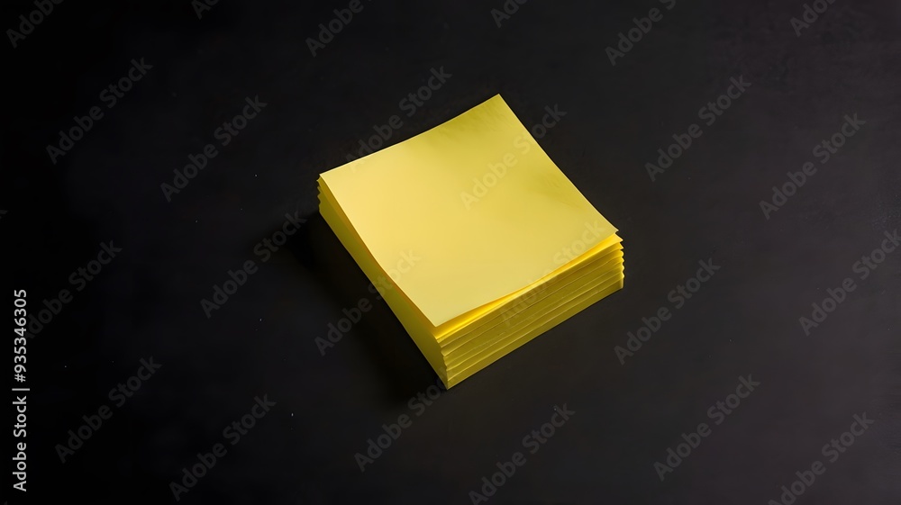 Yellow square blank sticky note bundle on black background, empty Post ...